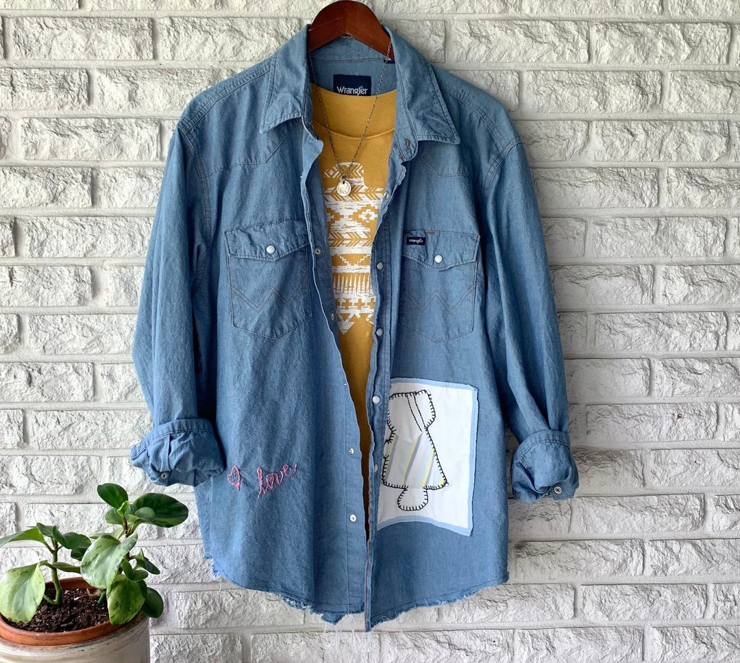 Ladies/women’s 2 XL Upcycled Denim Shirt Pearl Snap Denim Shirt Quilt ...
