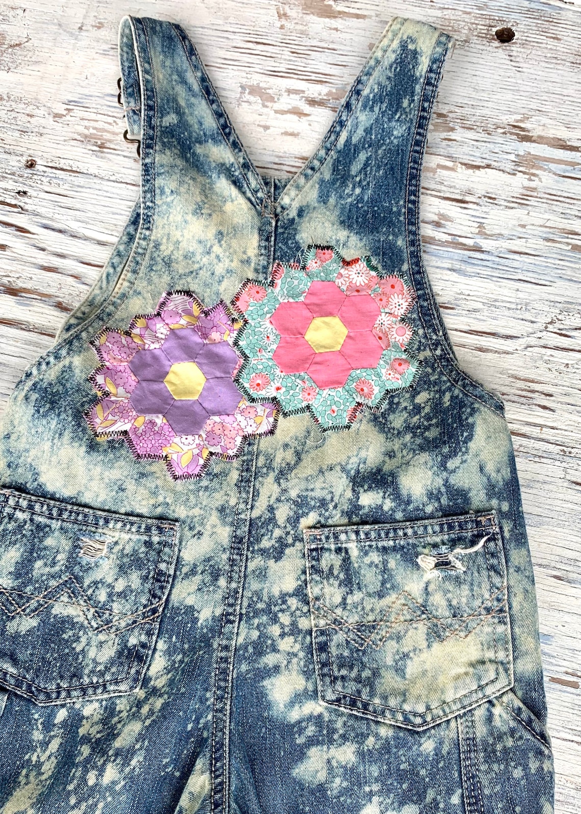 Girls 5T Overalls Bleached Distressed Quilt Patch Denim - Etsy