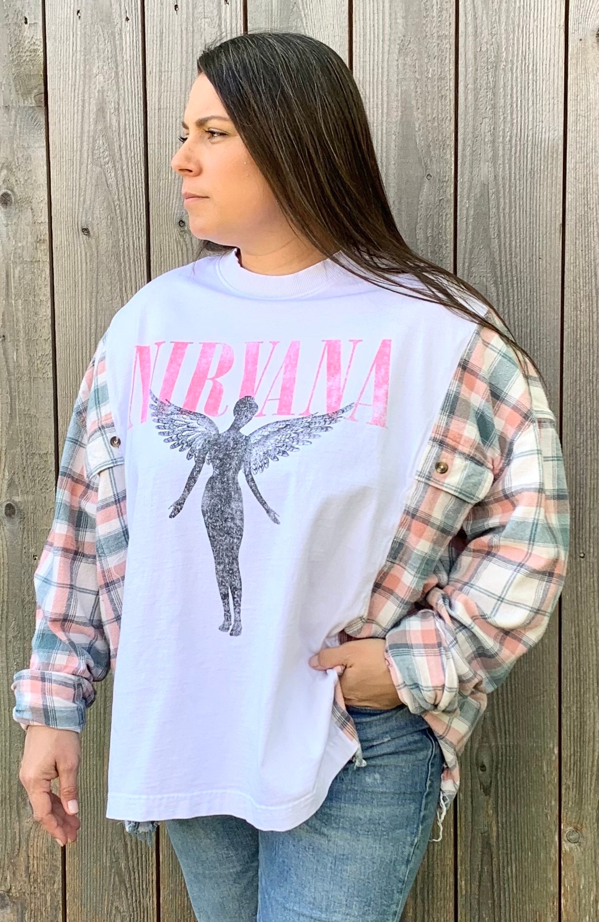 Reworked Nirvana Tee and Flannel Rework Sustainable Clothing Tops Shirt ...
