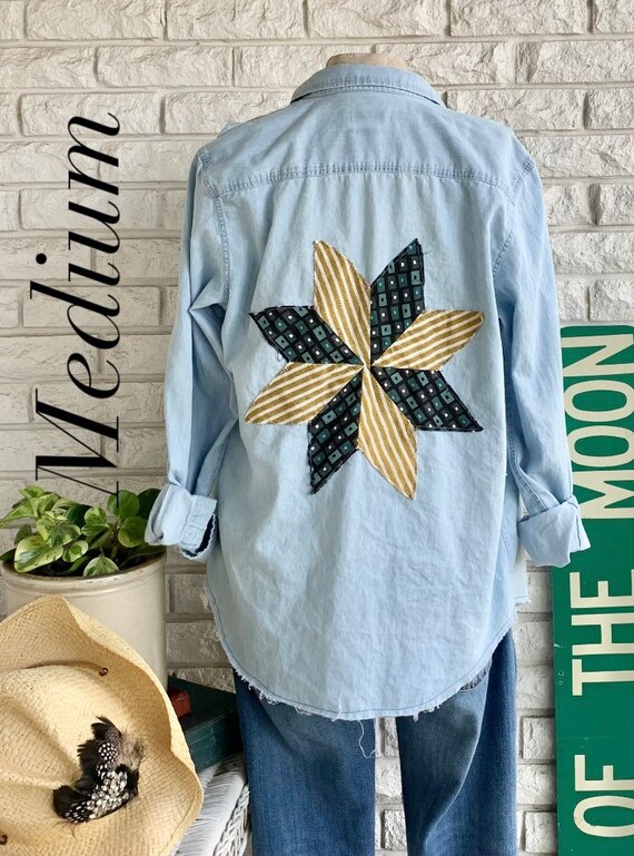 MEDIUM Denim Shirt With Quilt Block Patch Womens Reworked - Etsy