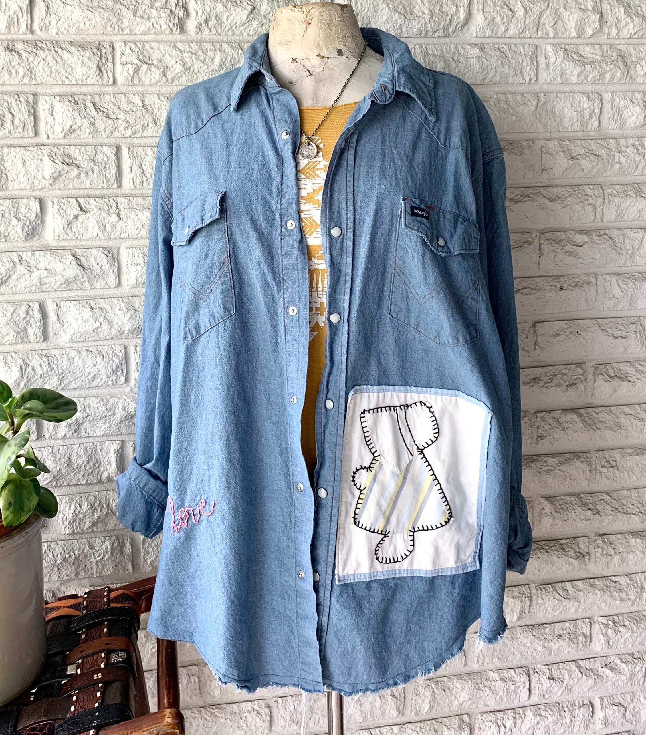 Ladies/womens 2 XL Upcycled Denim Shirt Pearl Snap Denim Shirt Quilt ...
