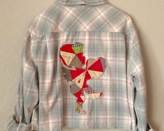 Ladies LARGE Reworked Upcycled Patchwork Crop Top Patched Shirt Cropped ...