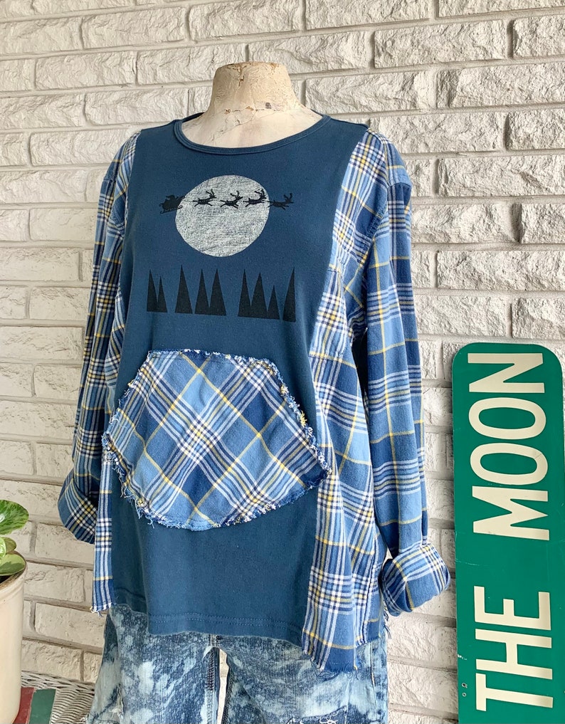 Reworked Christmas T and Flannel Blue Plaid Flannel Rework Clothing ...