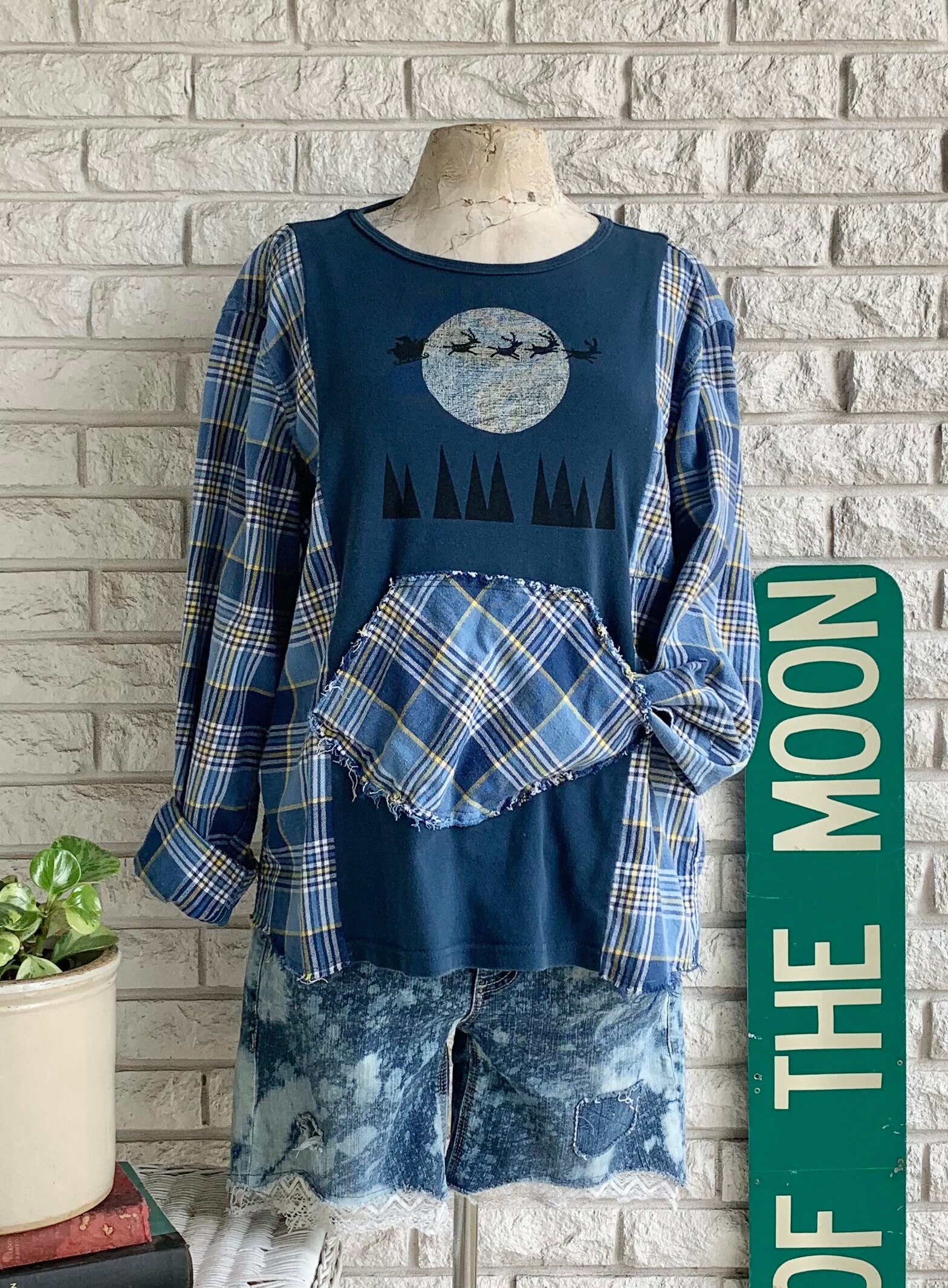 Reworked Christmas T and Flannel Blue Plaid Flannel Rework Clothing ...