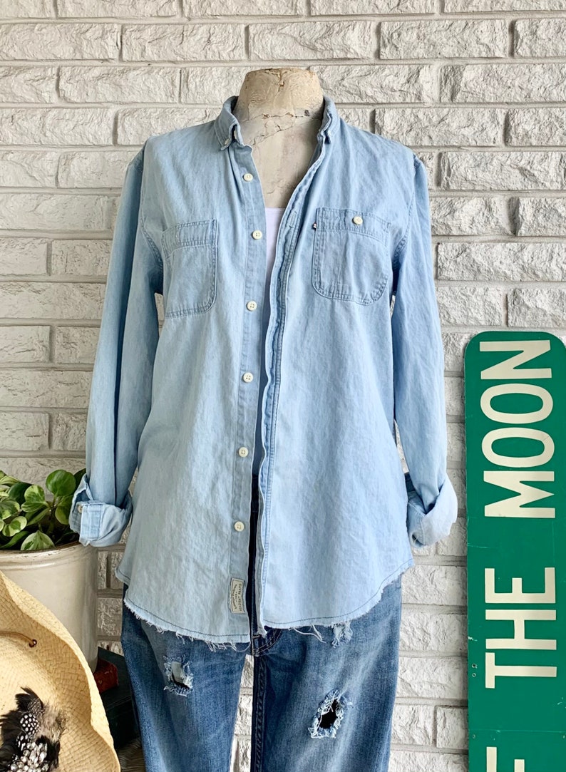 MEDIUM Denim Shirt With Quilt Block Patch Womens Reworked - Etsy