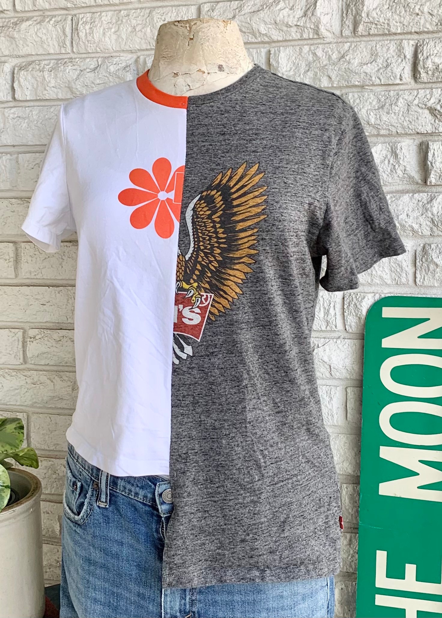 Reworked Tee Levis T-shirt Split Tee/spliced Tee Ladies M Half Cropped ...