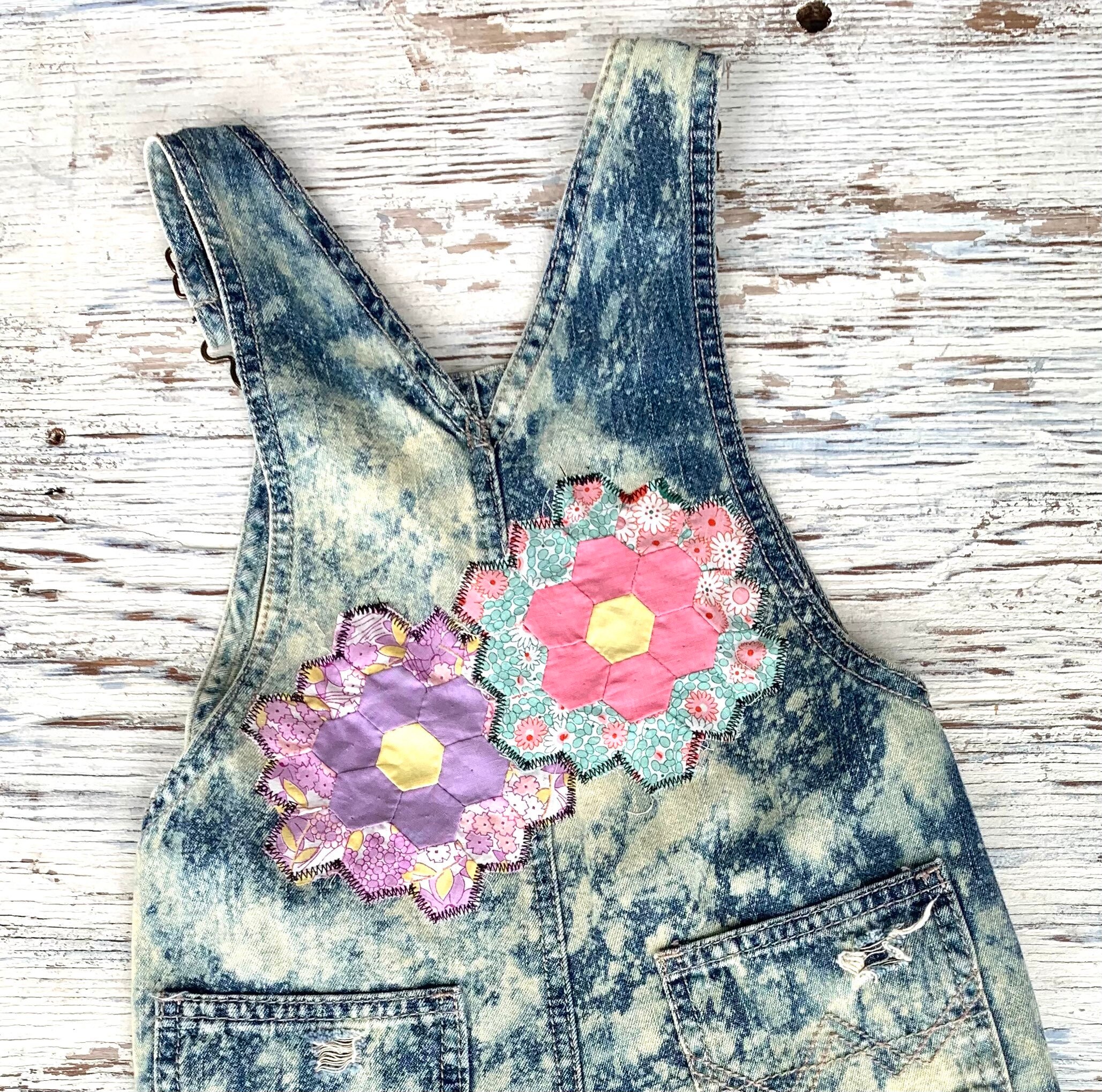 Girls 5T Overalls Bleached Distressed Quilt Patch Denim - Etsy