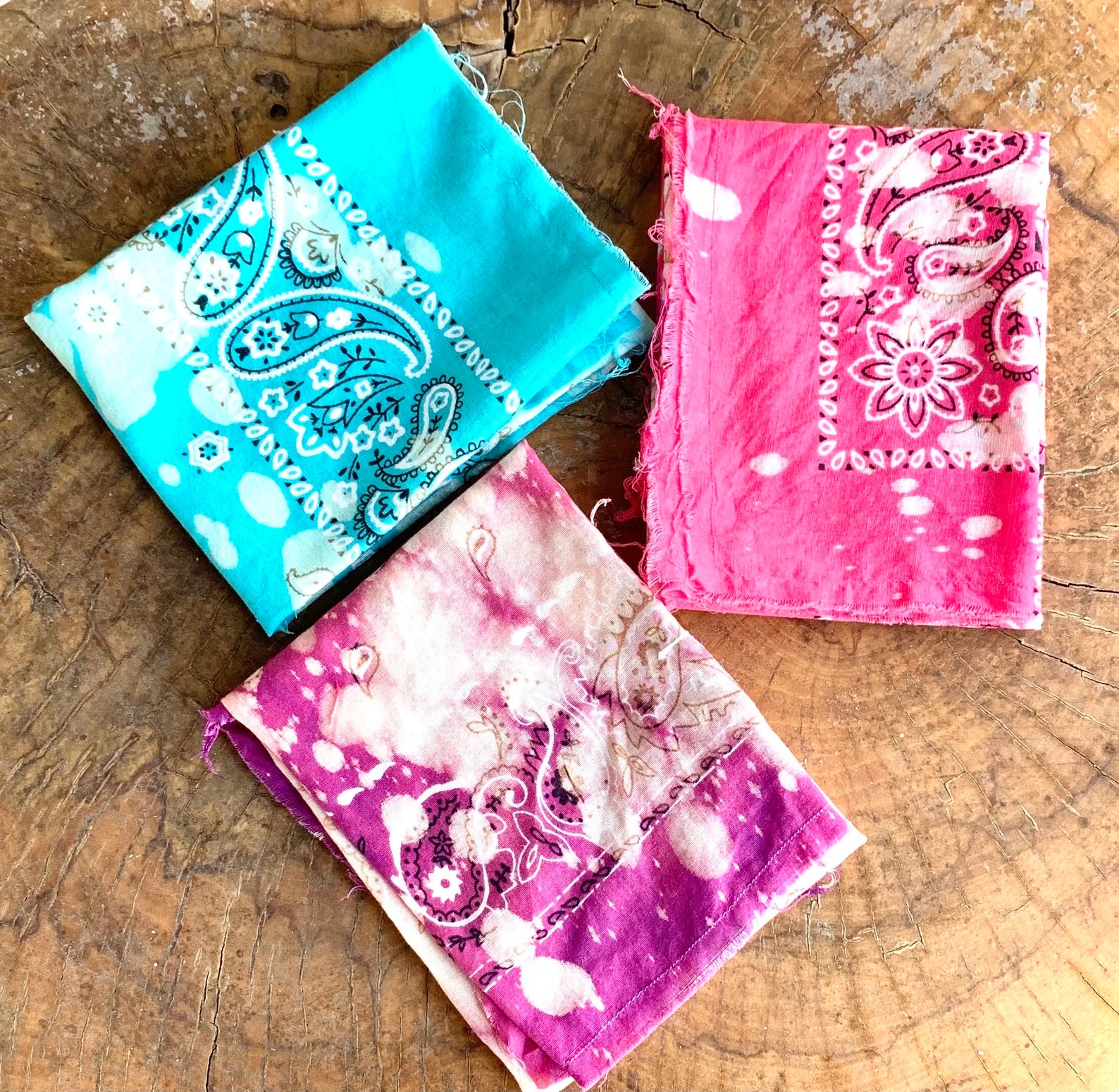 3 Pack Reversed Hand Dyed Bleached Bandanna Set of 3 Acid Washed ...