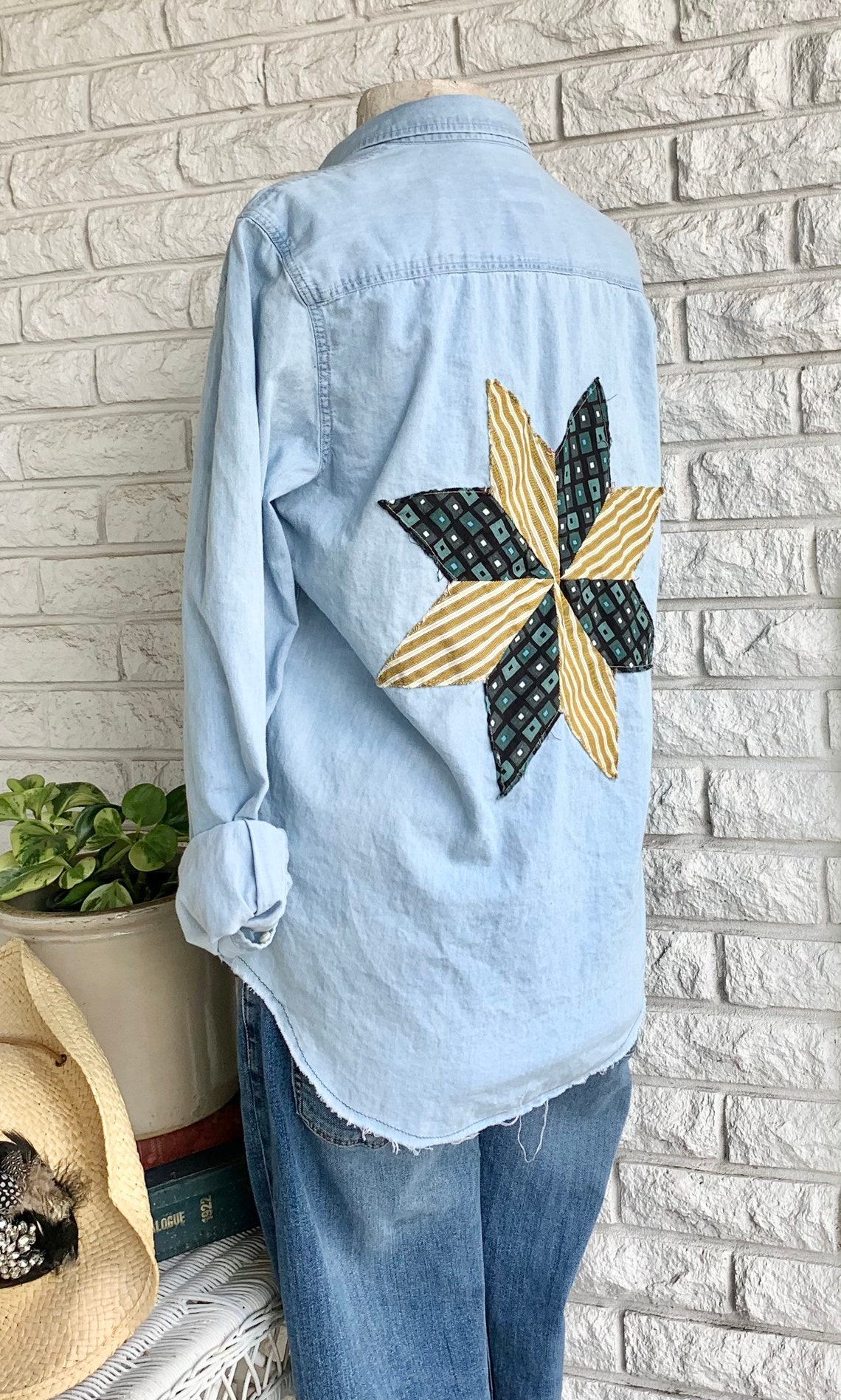MEDIUM Denim Shirt With Quilt Block Patch Womens Reworked - Etsy