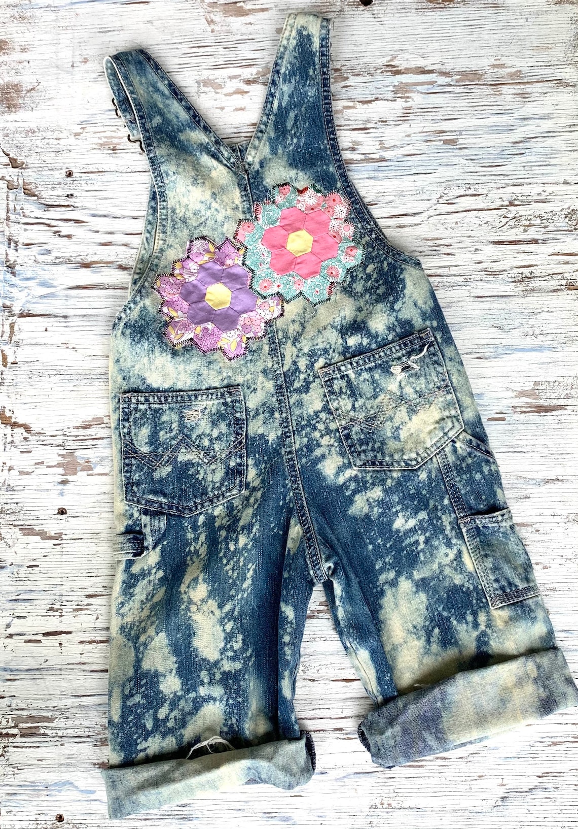 Girls 5T Overalls Bleached Distressed Quilt Patch Denim - Etsy