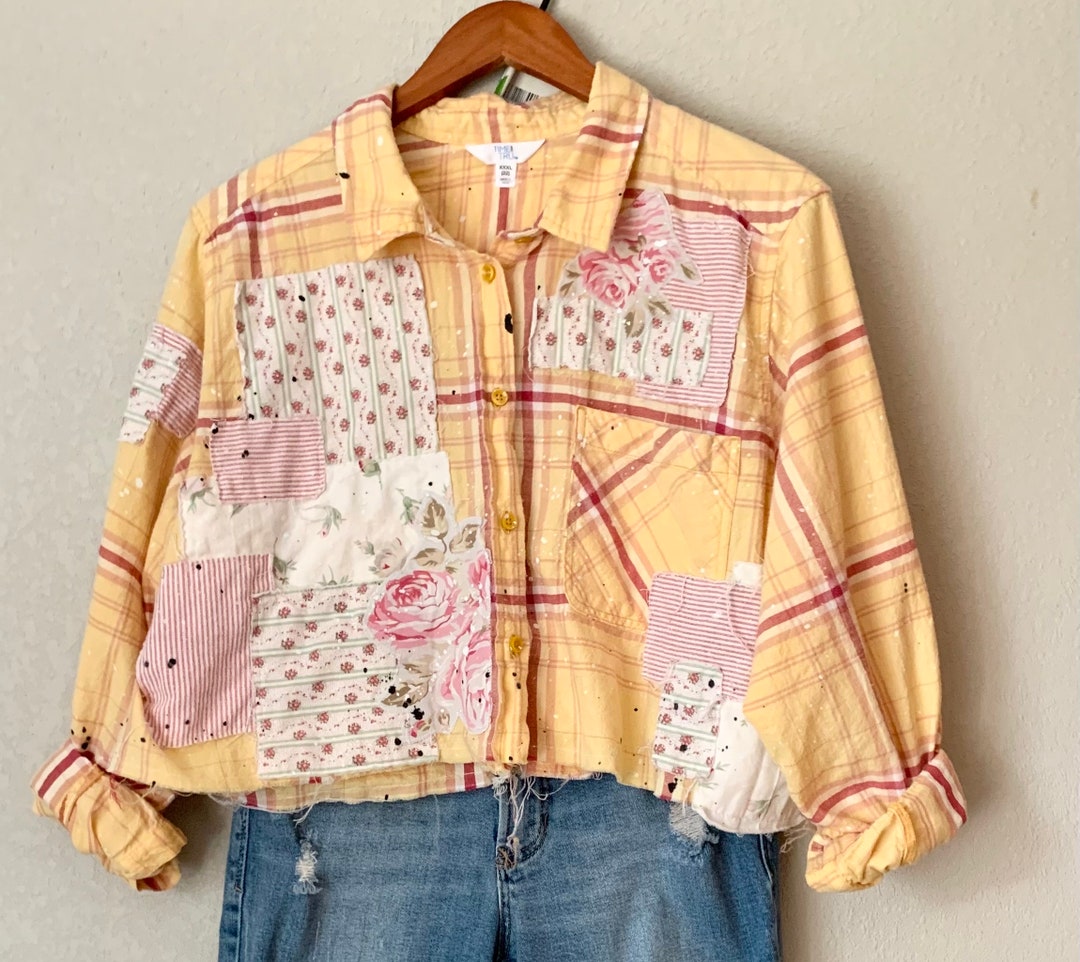Ladies 3XL Reworked Upcycled Patchwork Crop Top Patched Shirt Cropped ...