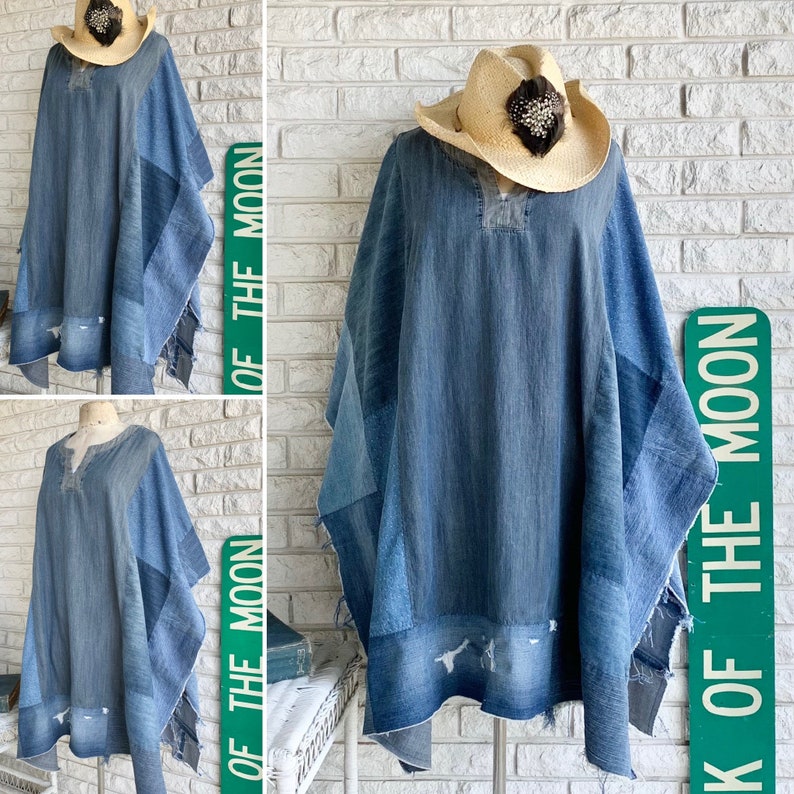 Handmade Upcycled Reworked Denim Poncho Patchwork Denim OOAK Cowgirl ...