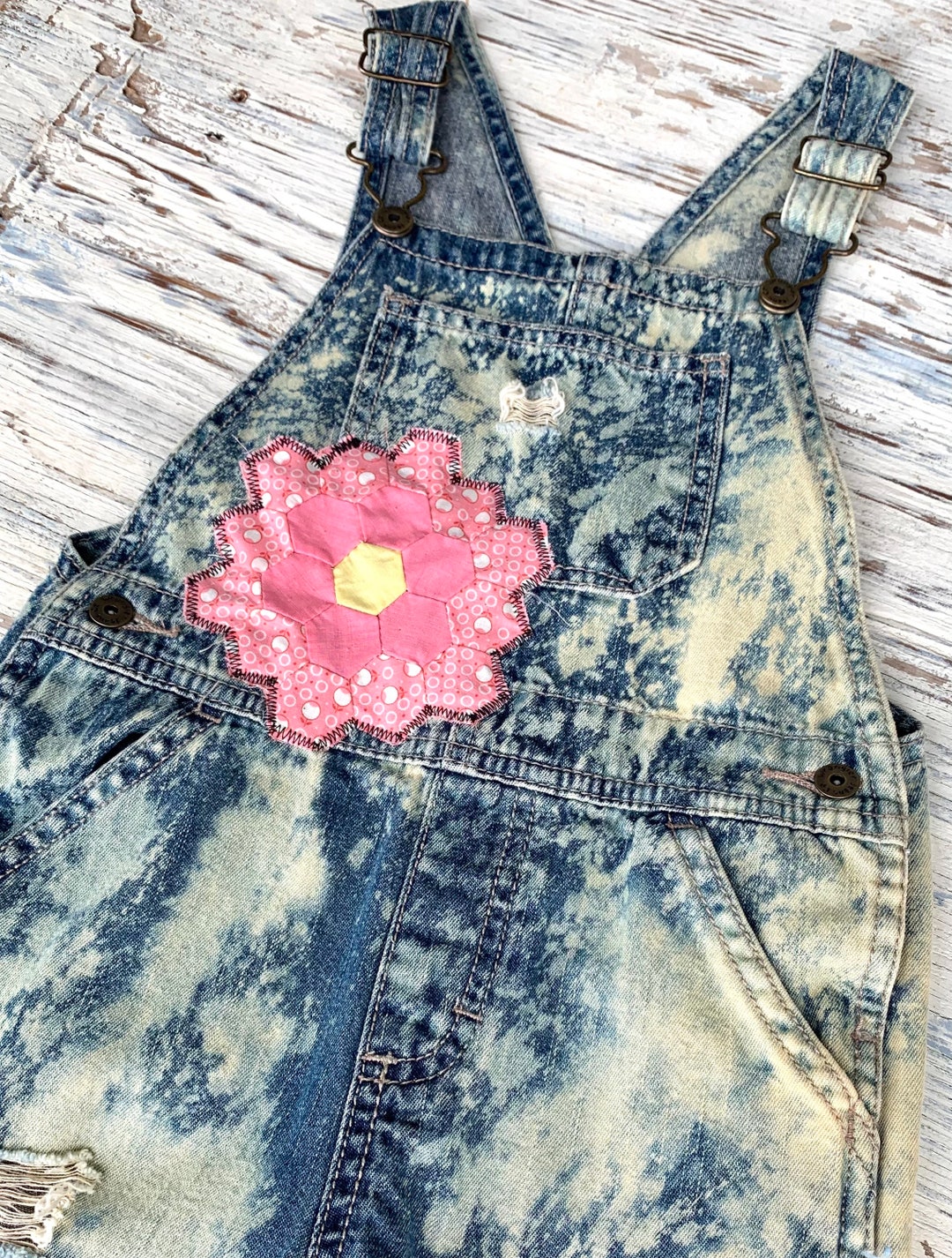 Girls 5T Overalls Bleached Distressed Quilt Patch Denim Overalls ...