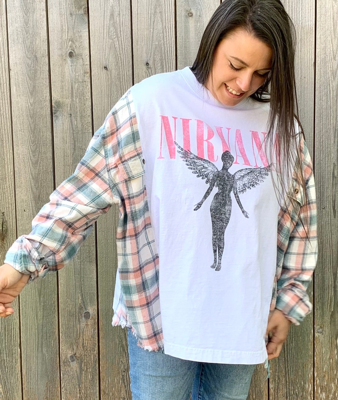 Reworked Nirvana Tee and Flannel Rework Sustainable Clothing Tops Shirt ...