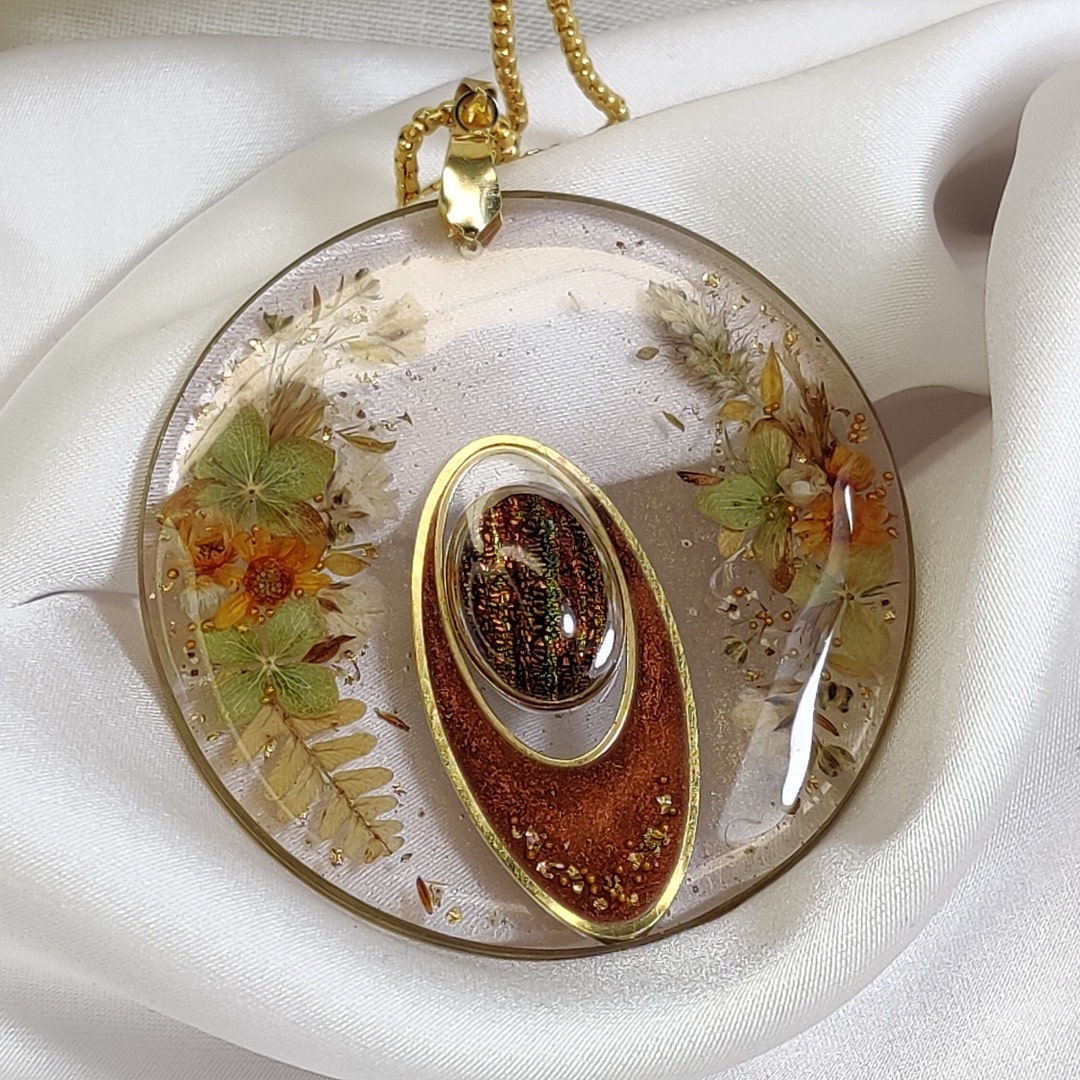 Long Necklace With Dichroic Glass Stone, Real Green and Orange Flowers ...