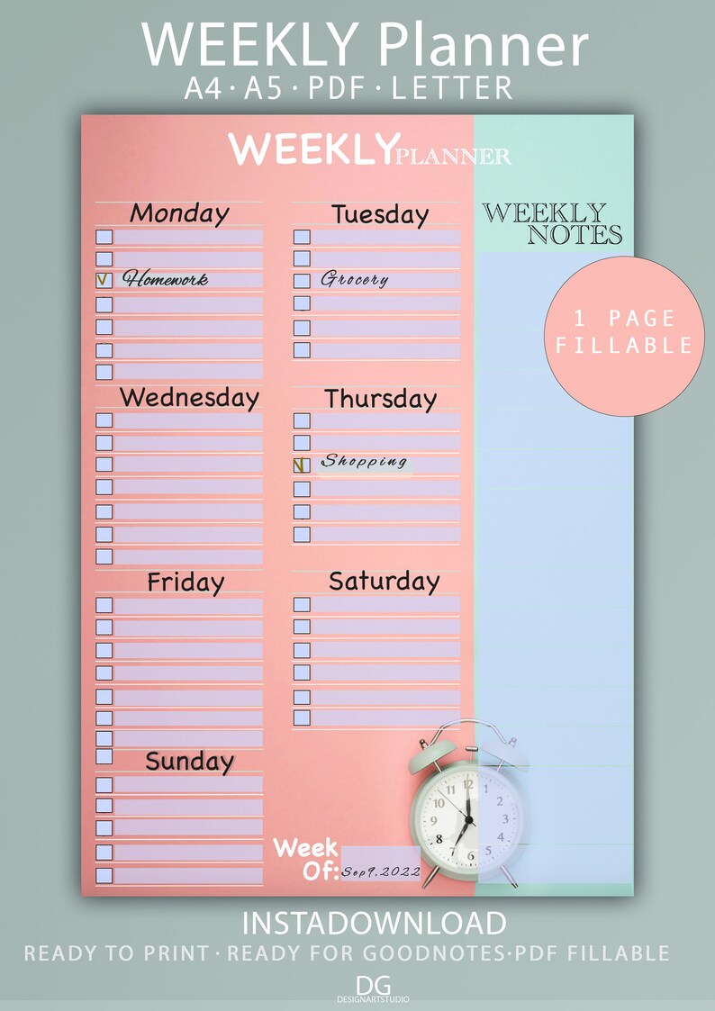 Weekly Planner Printable and Digital Instant Download A4, A5, Usletter ...