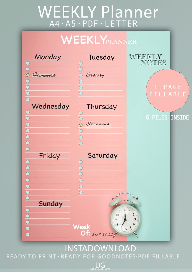 Weekly Planner Printable and Digital Instant Download A4, A5, Usletter ...