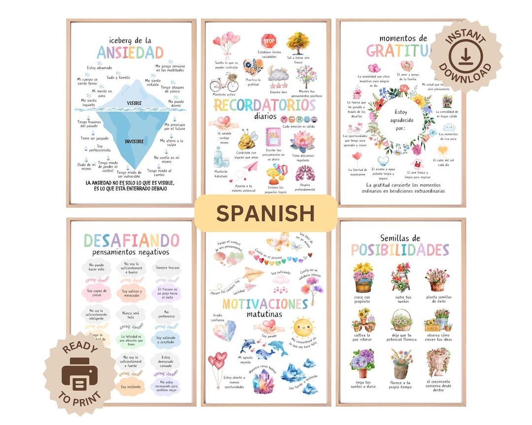 Set of 6 Growth Mindset Spanish Posters, Anxiety Iceberg, Daily ...