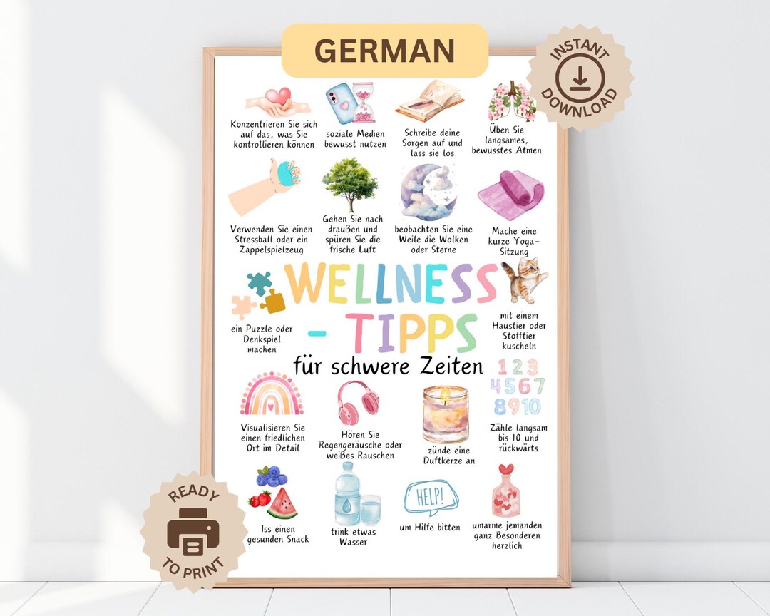 Wellness Tips German Poster, Therapy Office Decor, Positive ...