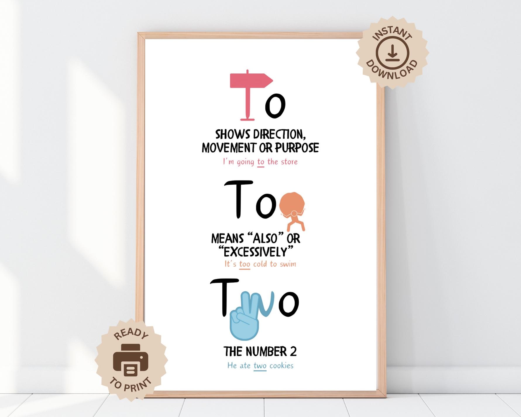 To Too Two Graphic Poster, English Classroom Decor, Homophones ...