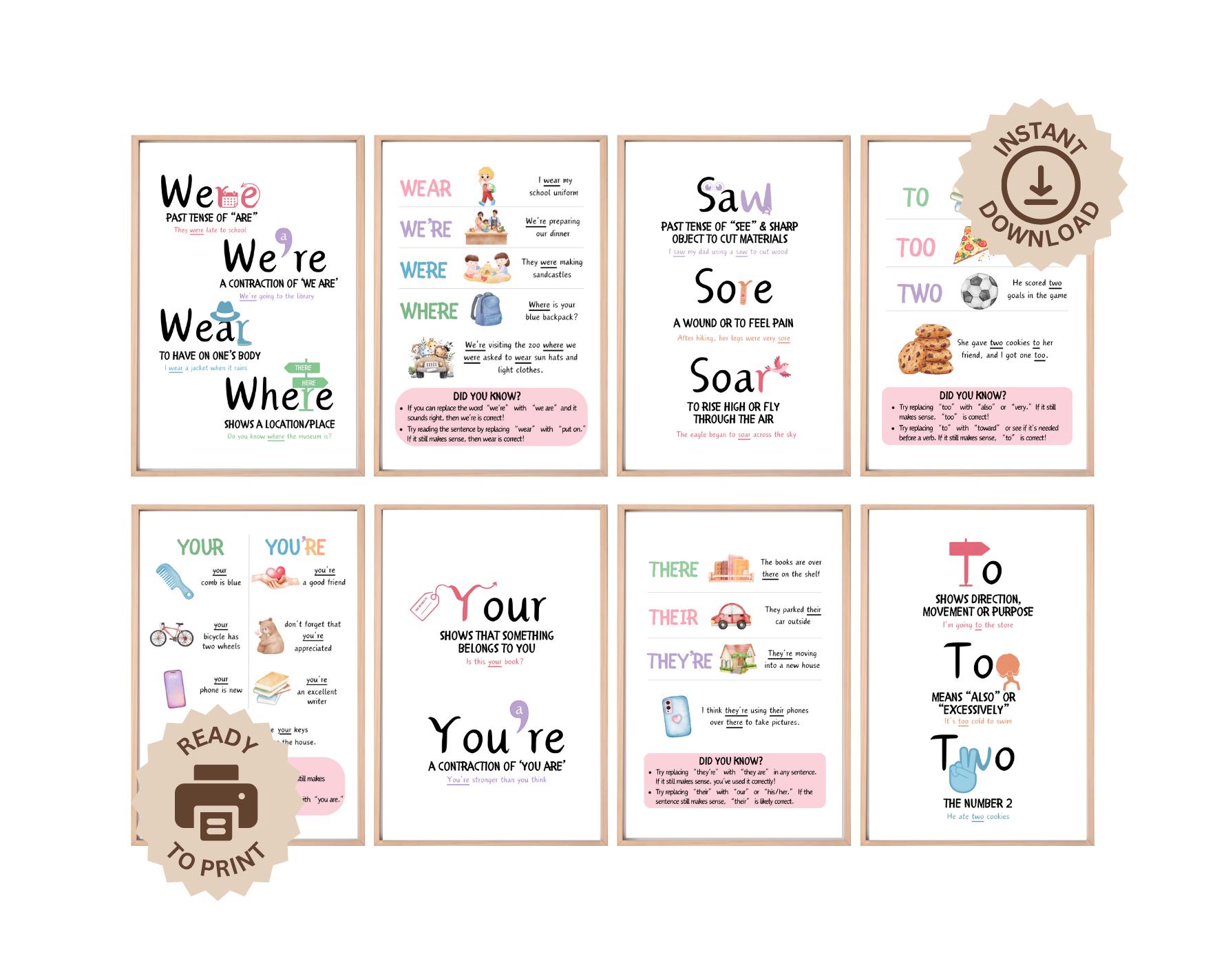Set of 10 Homophones Posters, English Classroom Decor, Common Mistakes ...