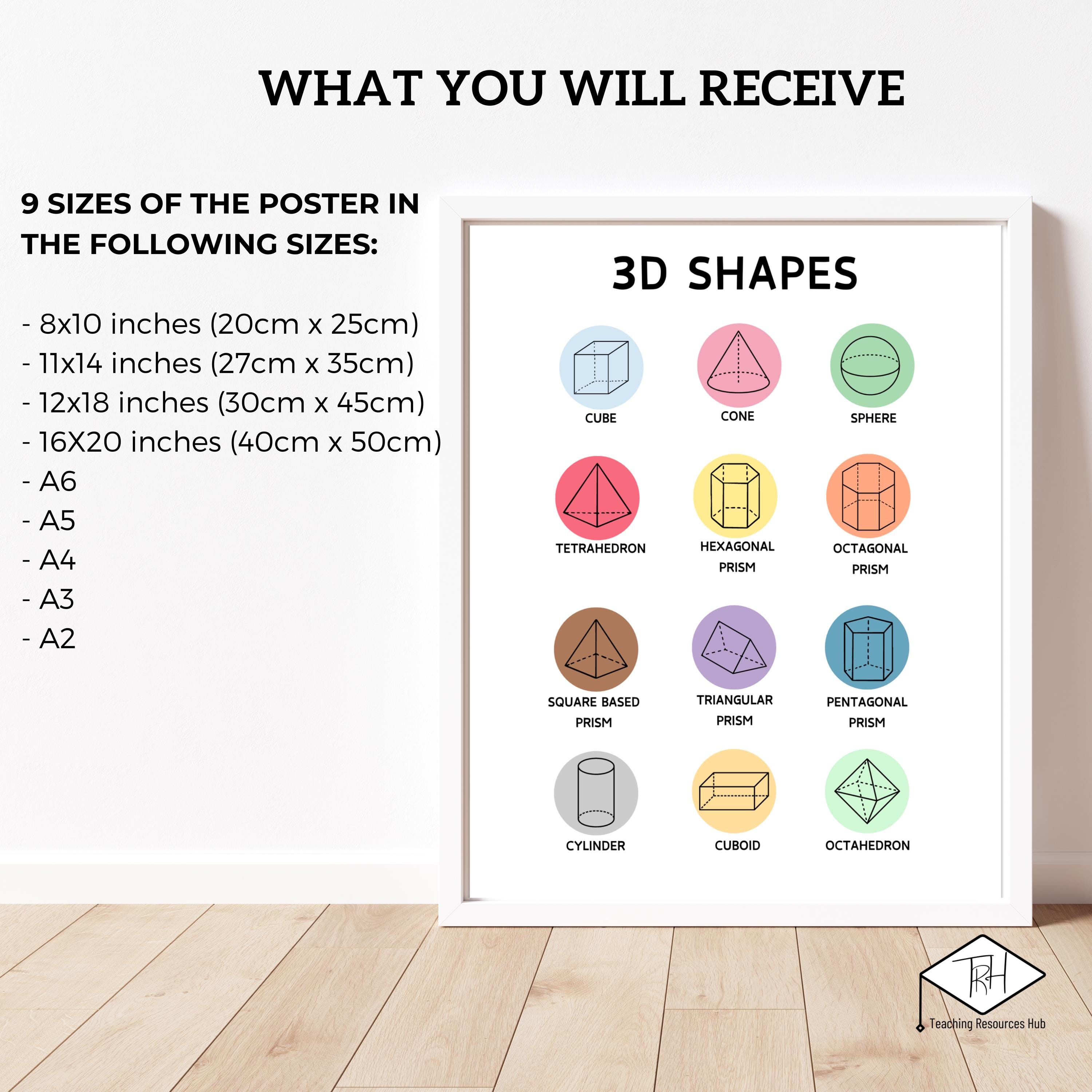 3D Shapes Poster Rainbow, Printable Educational Playroom Posters, Boho ...