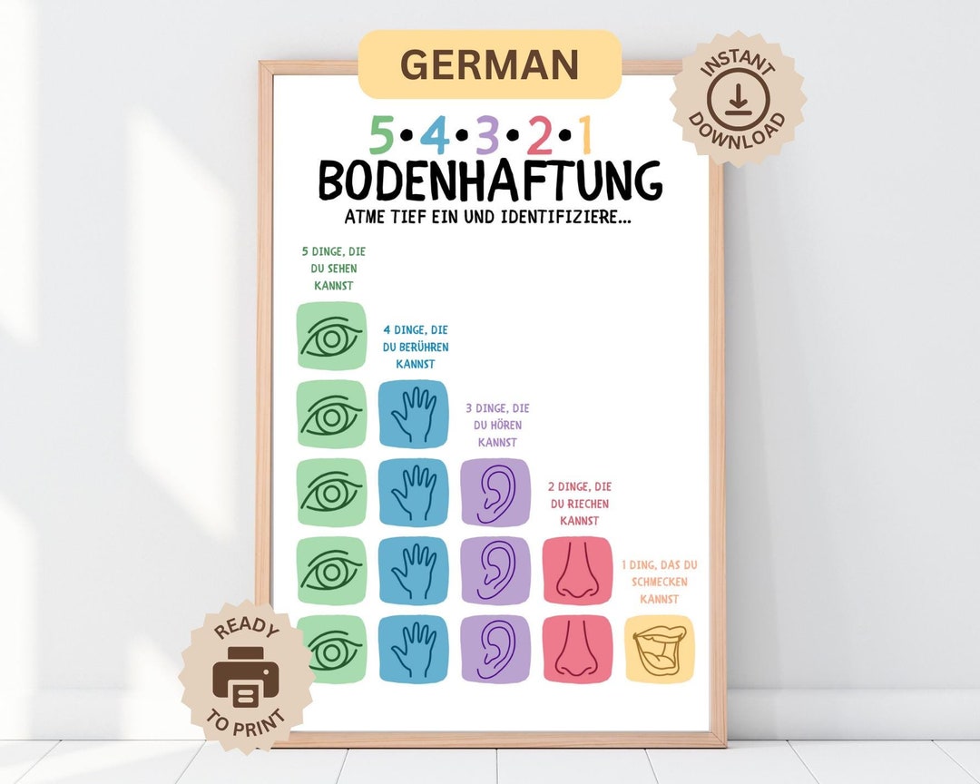 Grounding Techniques German Poster, 54321 Anxiety Management School ...