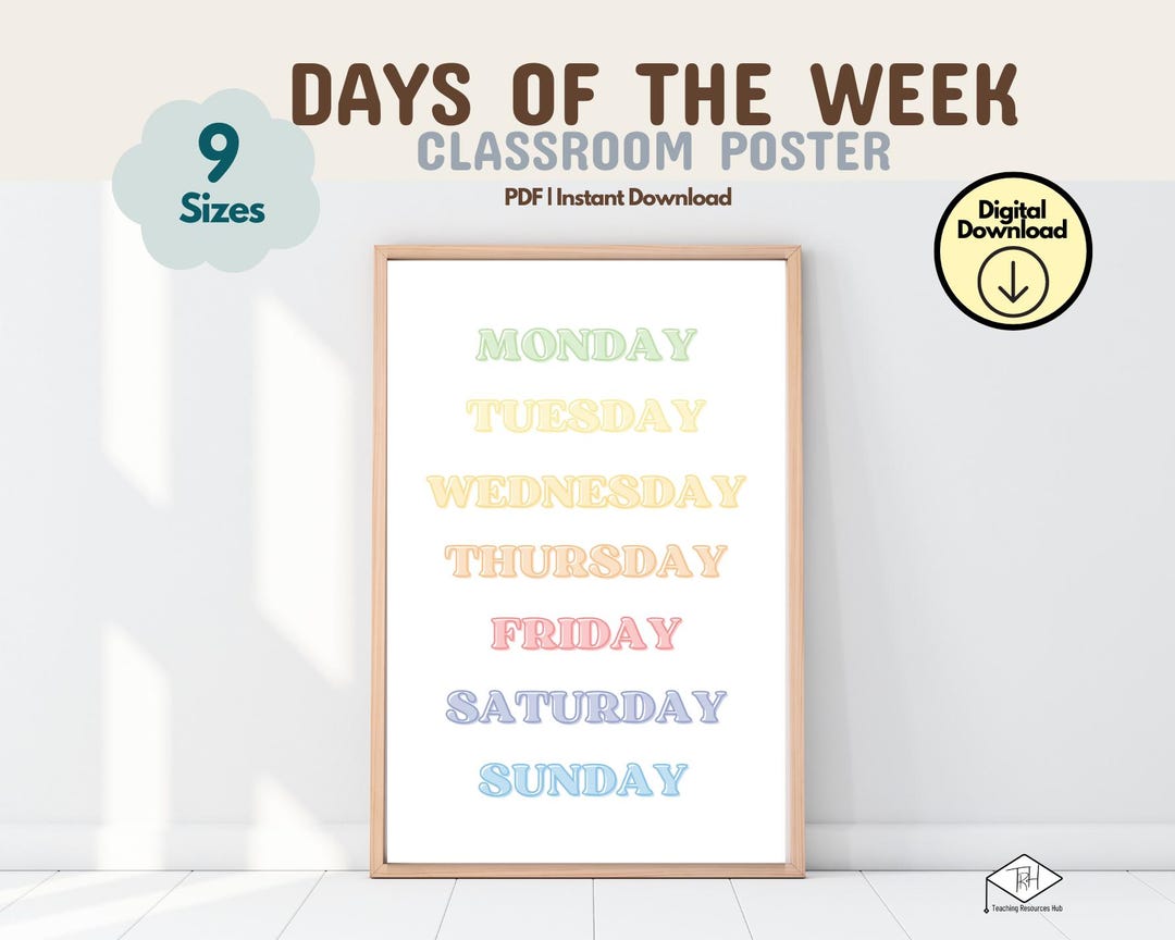 Days of the Week Poster, Printable Educational Playroom Posters, Boho ...