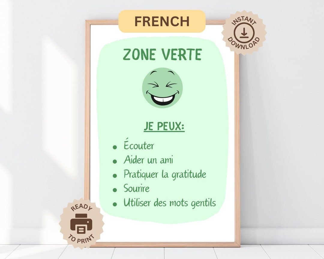 Green Zone of Regulation French Poster + Actions, Printable Educational ...