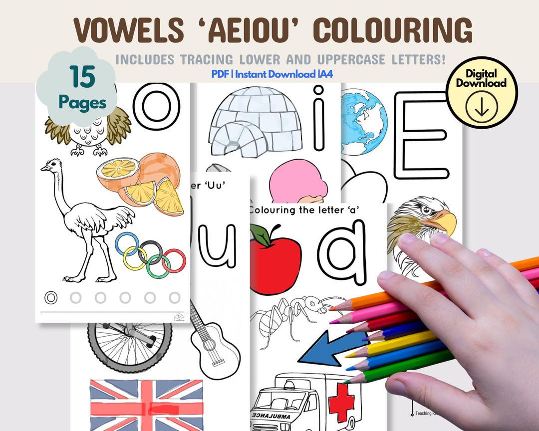 Phonics Vowels AEIOU Letters Colouring Printable Coloring Pages, A4 ...