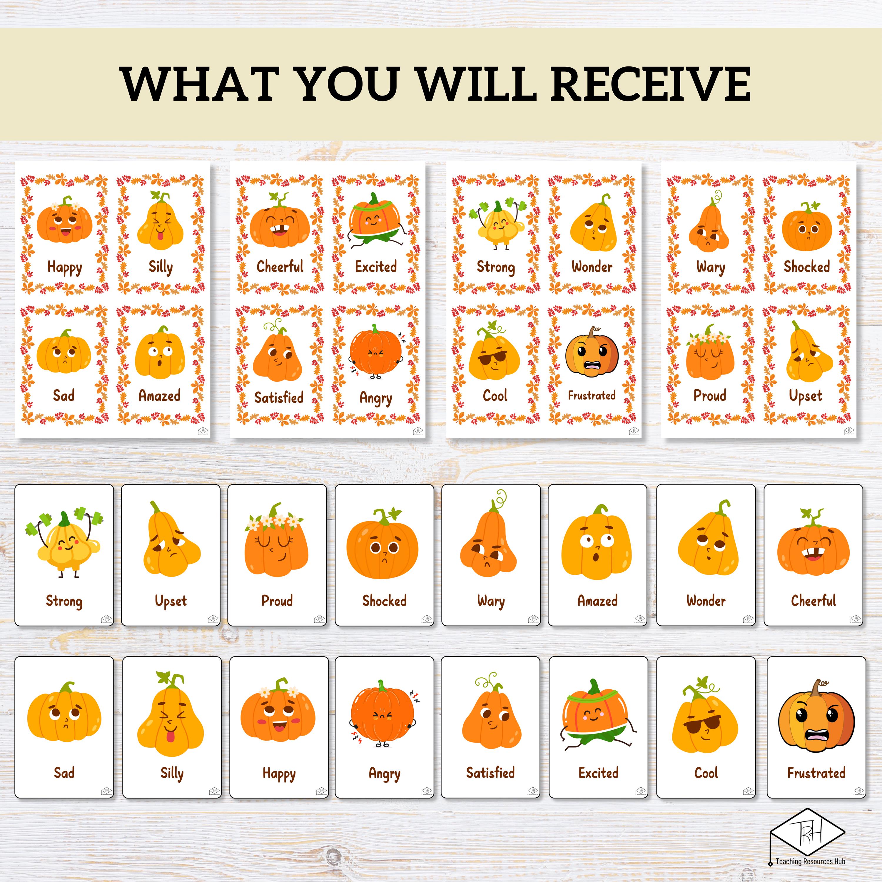 Pumpkin Feelings Emotions Flashcards, Printable Fall Autumn Halloween ...