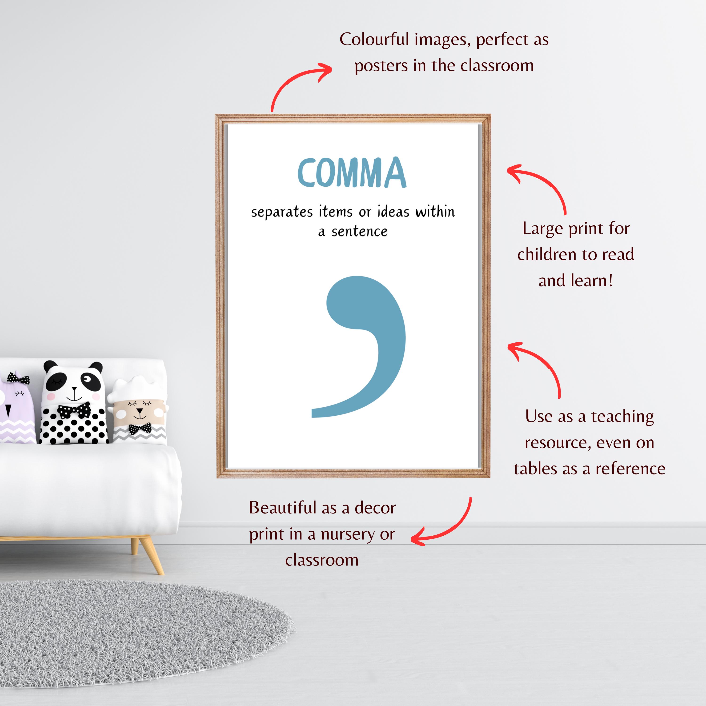 Comma Punctuation Poster, English Classroom Decor Print, Educational ...