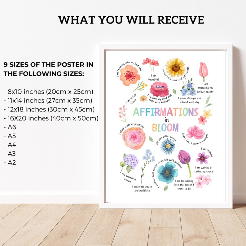 Affirmations in Bloom Poster, Therapy Office Counselor Decor, Growth ...