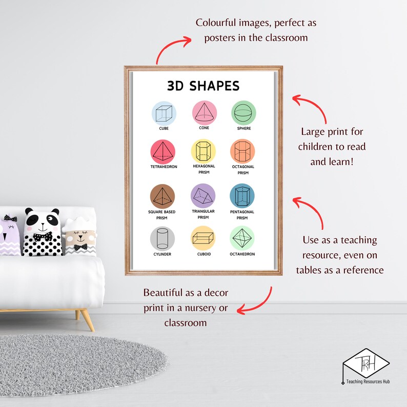 3D Shapes Poster Rainbow, Printable Educational Playroom Posters, Boho ...