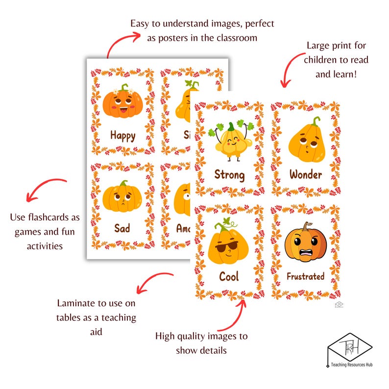 Pumpkin Feelings Emotions Flashcards, Printable Fall Autumn Halloween ...