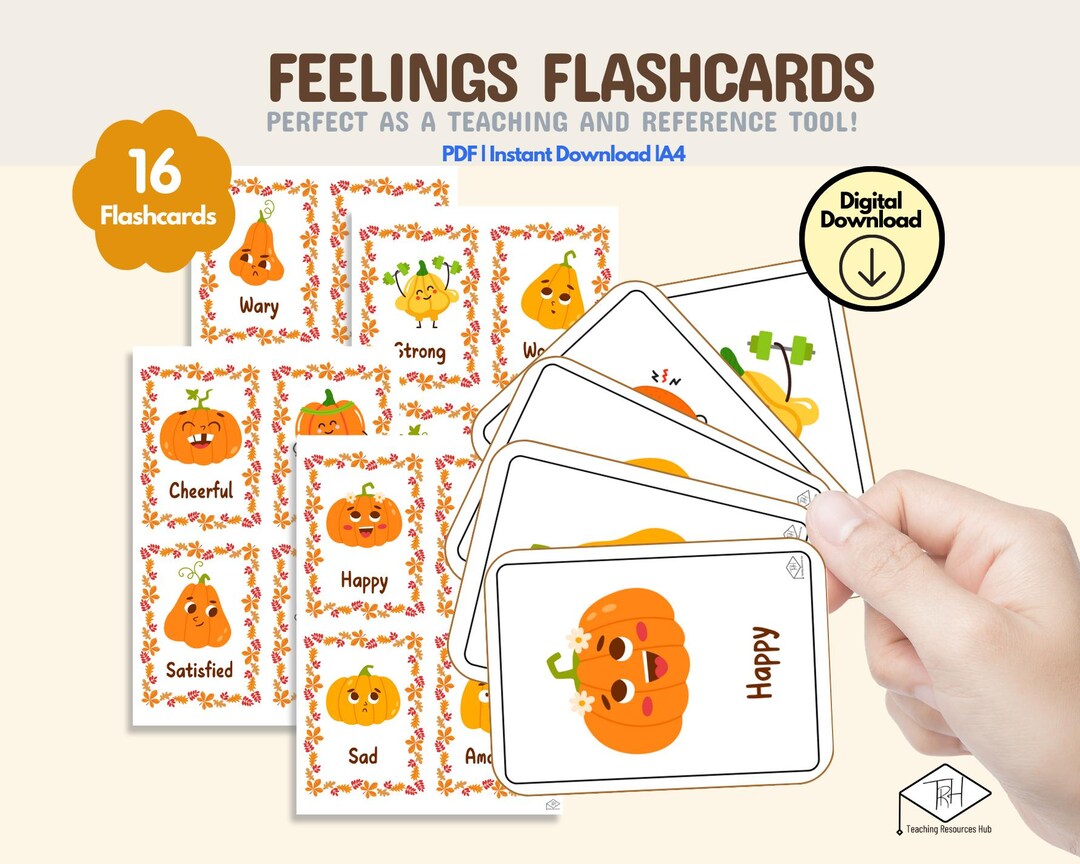 Pumpkin Feelings Emotions Flashcards, Printable Fall Autumn Halloween ...