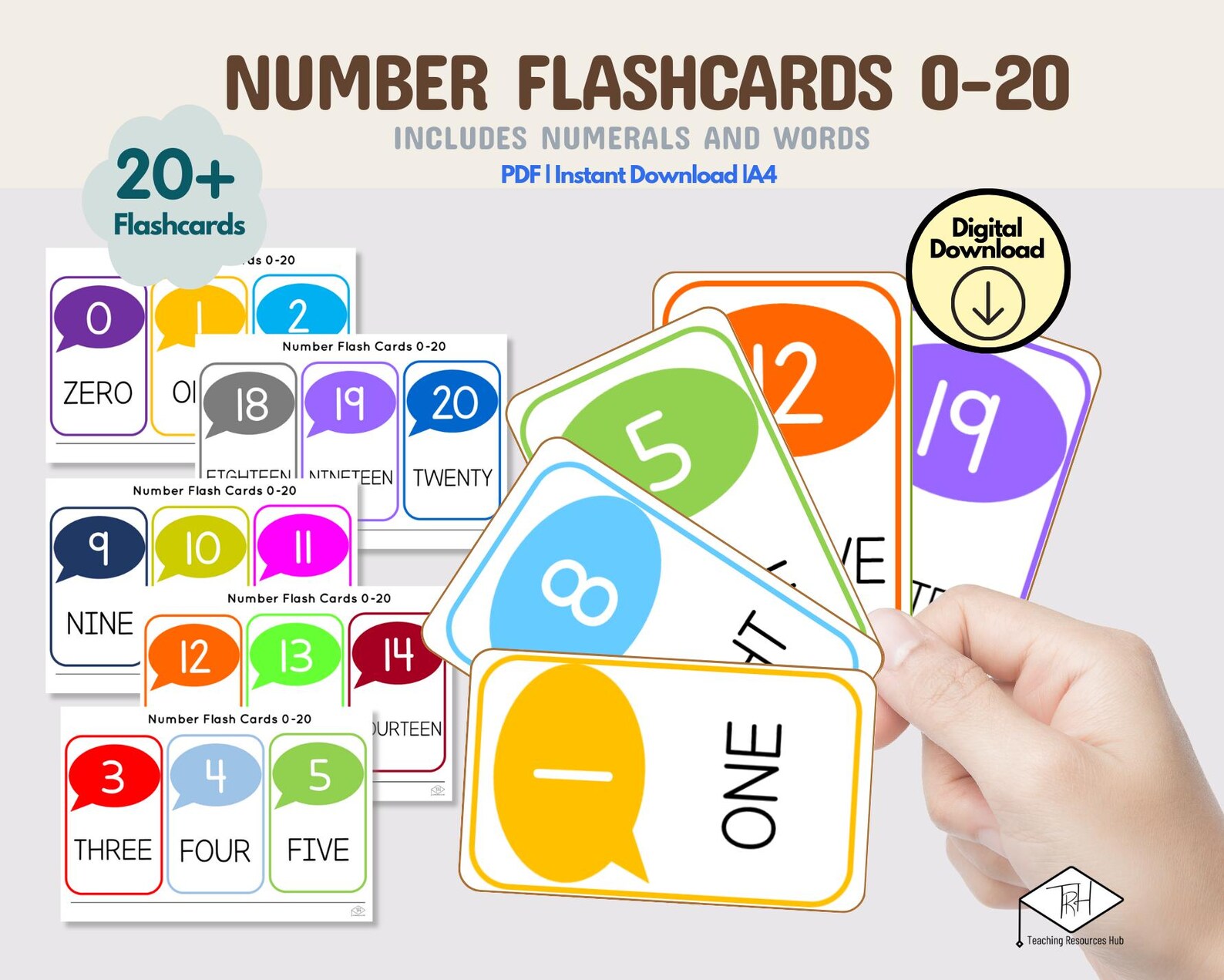 Number Flashcards 0-20 With Words, Kindergarten Mathematics, Montessori ...