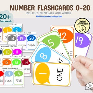 Number Flashcards 0-20 With Words, Kindergarten Mathematics, Montessori ...