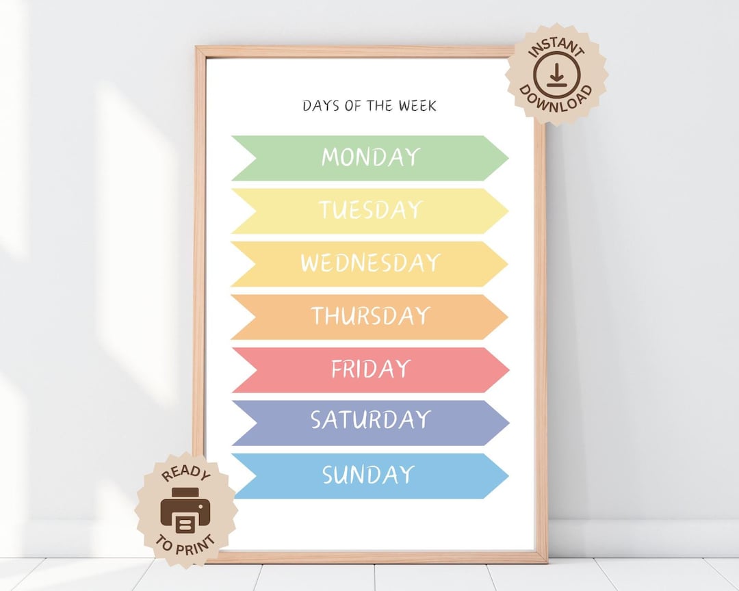 Days of the Week Poster, Printable Educational Playroom Posters, Boho ...