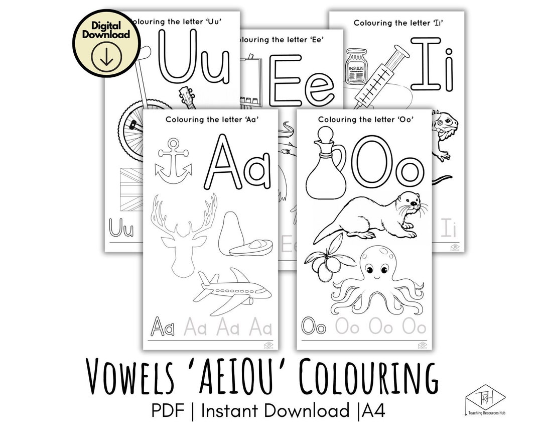 Phonics Vowels AEIOU Letters Colouring Printable Coloring - Etsy