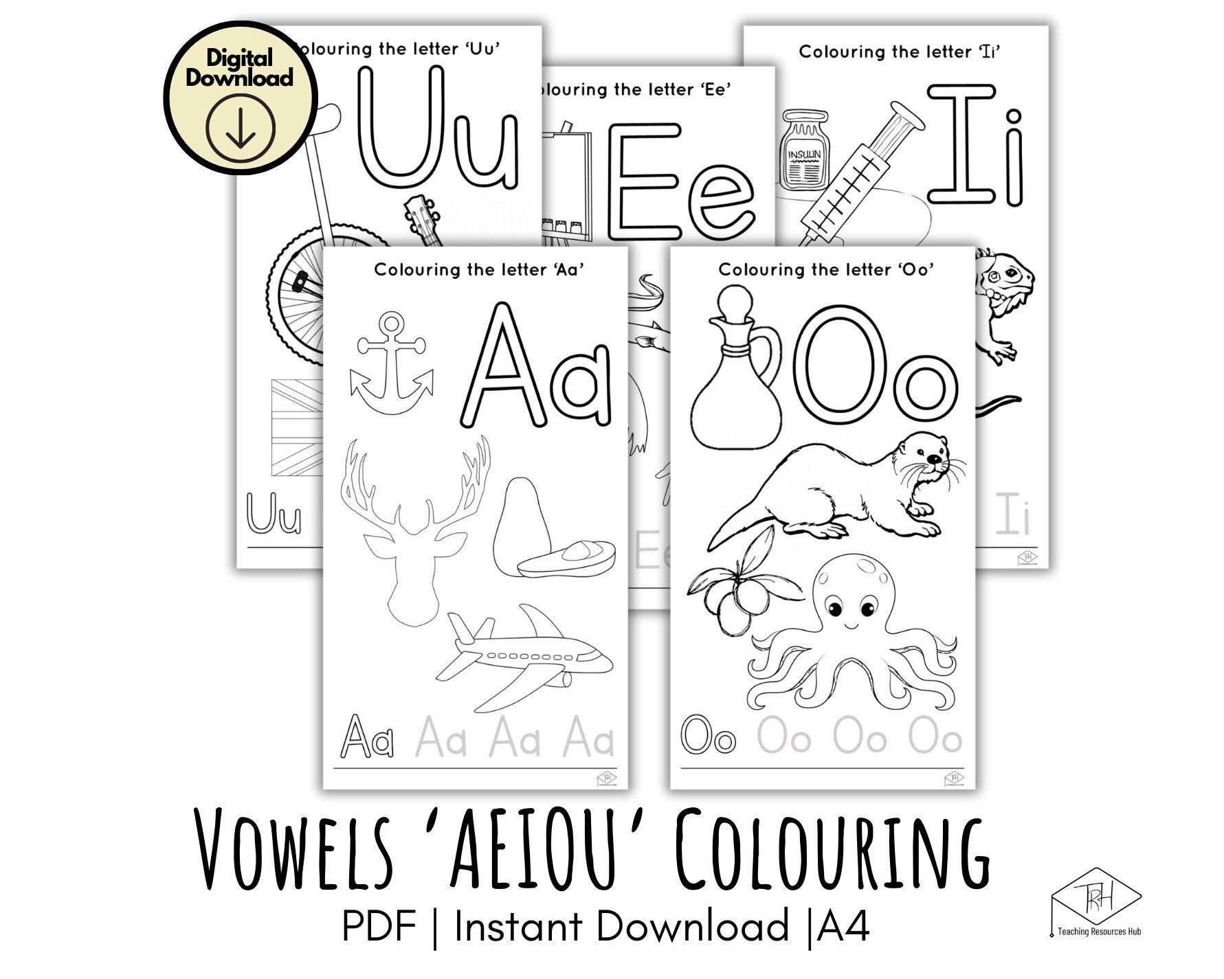 Phonics Vowels AEIOU Letters Colouring Printable Coloring - Etsy
