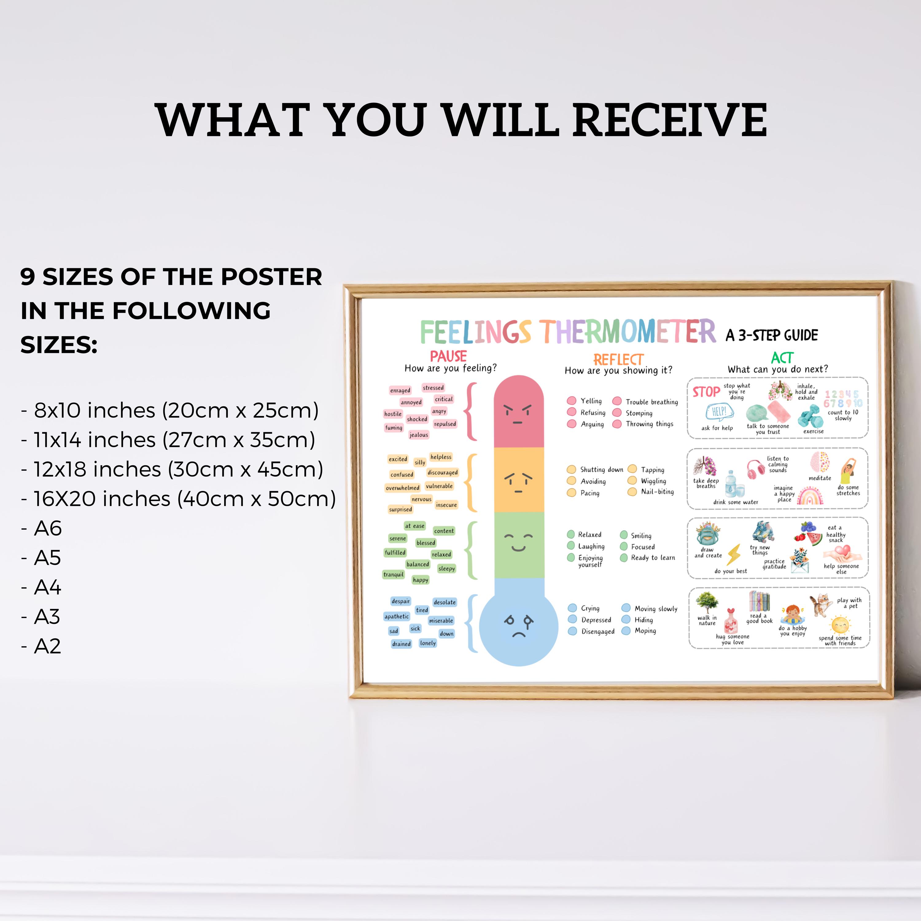 Feelings Thermometer Poster, Positive Affirmations, Therapy Counselor ...