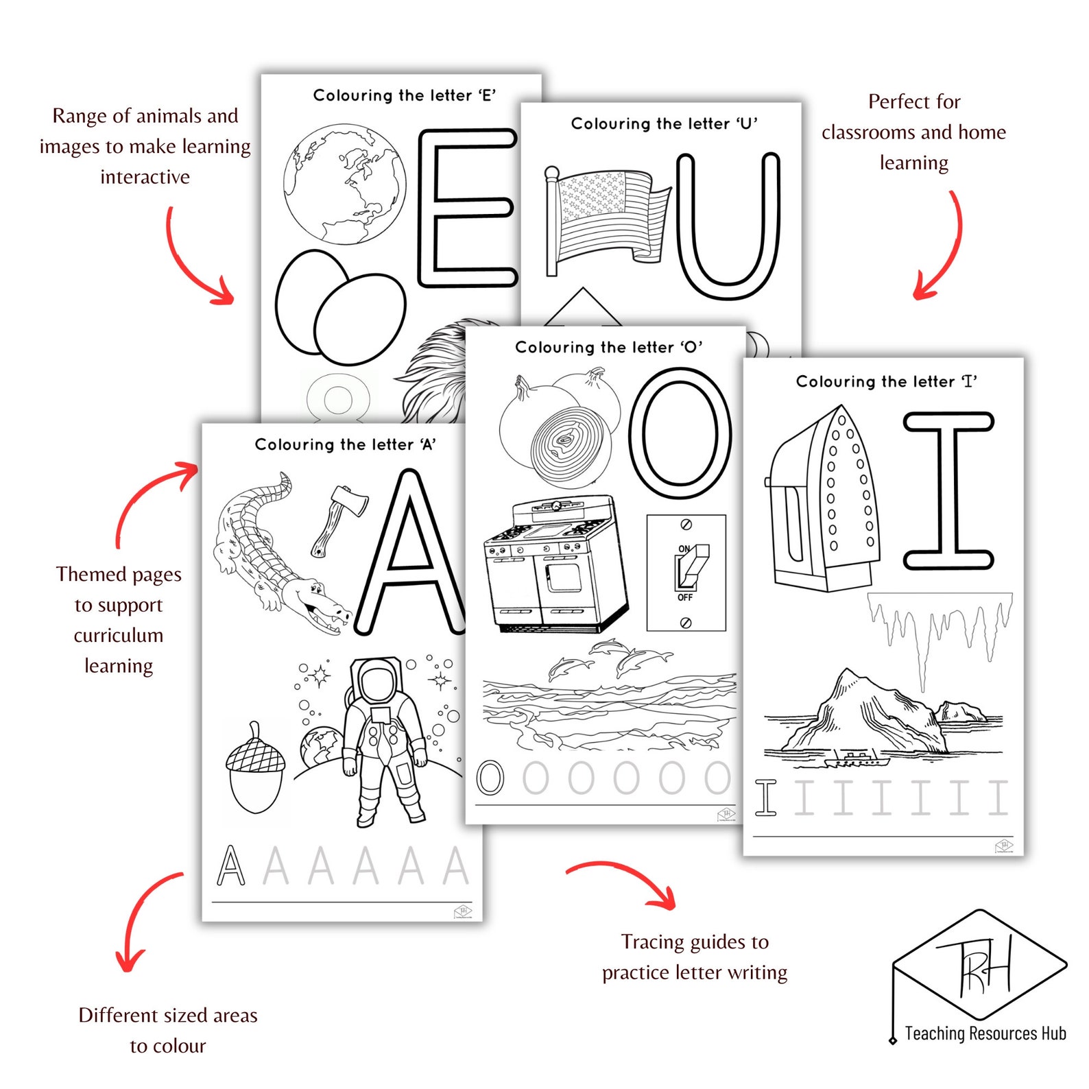 Phonics Vowels AEIOU Letters Colouring Printable Coloring Pages, A4 ...