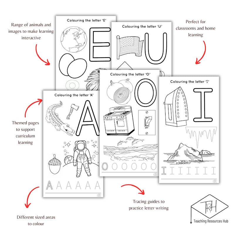Phonics Vowels AEIOU Letters Colouring Printable Coloring Pages, A4 ...