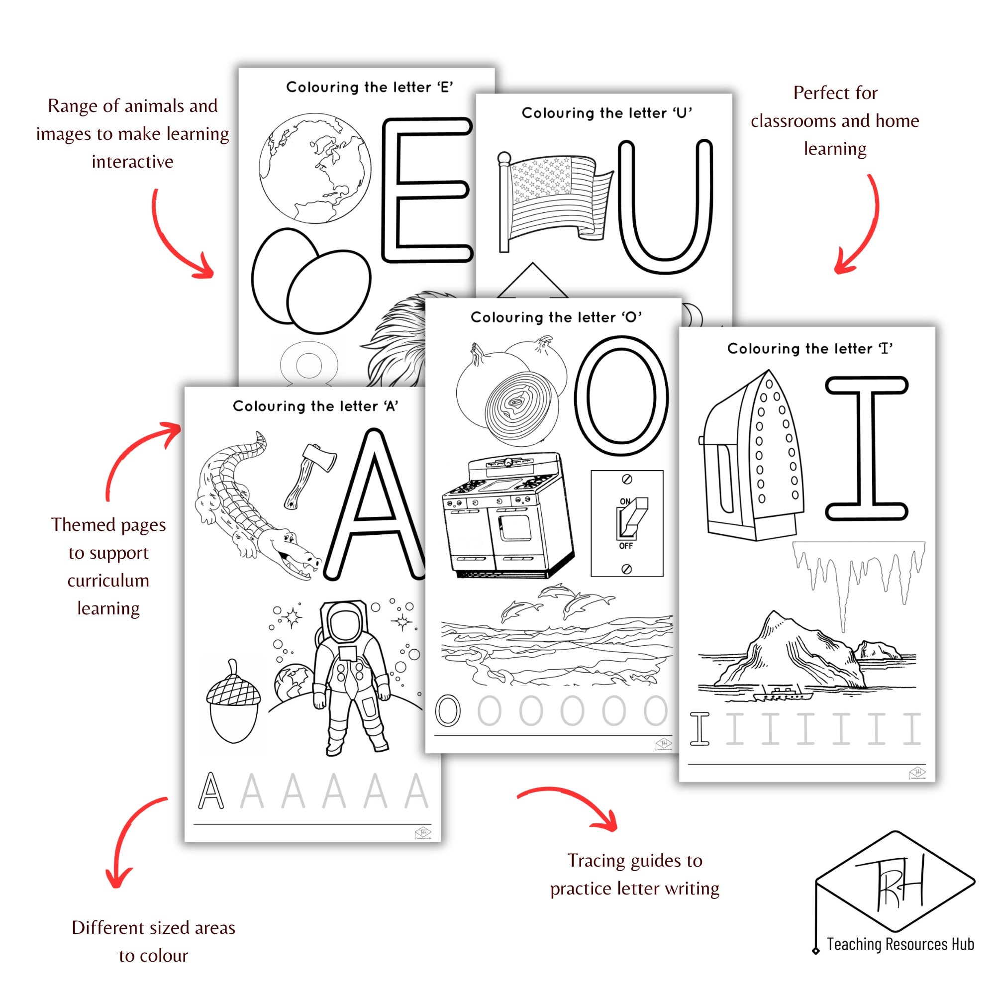 Phonics Vowels AEIOU Letters Colouring Printable Coloring Pages, A4 ...