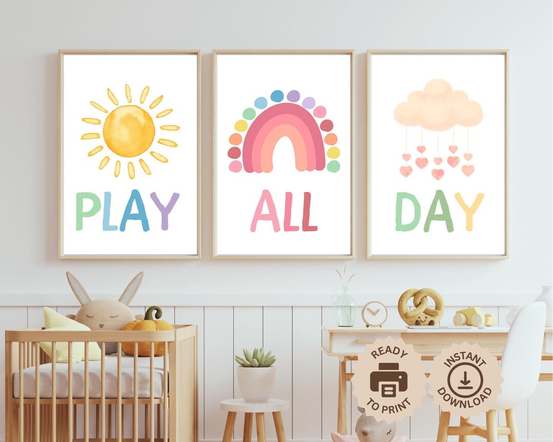 Set of 3 Play All Day Printable, Lets Play Sign, Nursery Wall Art ...