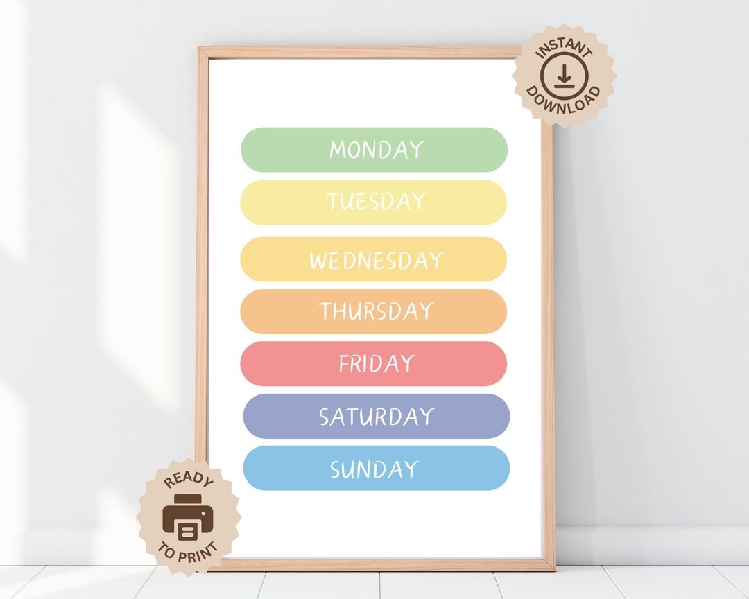 Days of the Week Poster, Printable Educational Playroom Posters, Boho ...