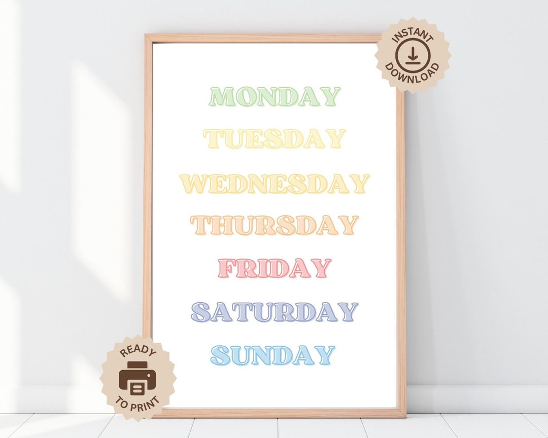 Days of the Week Poster, Printable Educational Playroom Posters, Boho ...