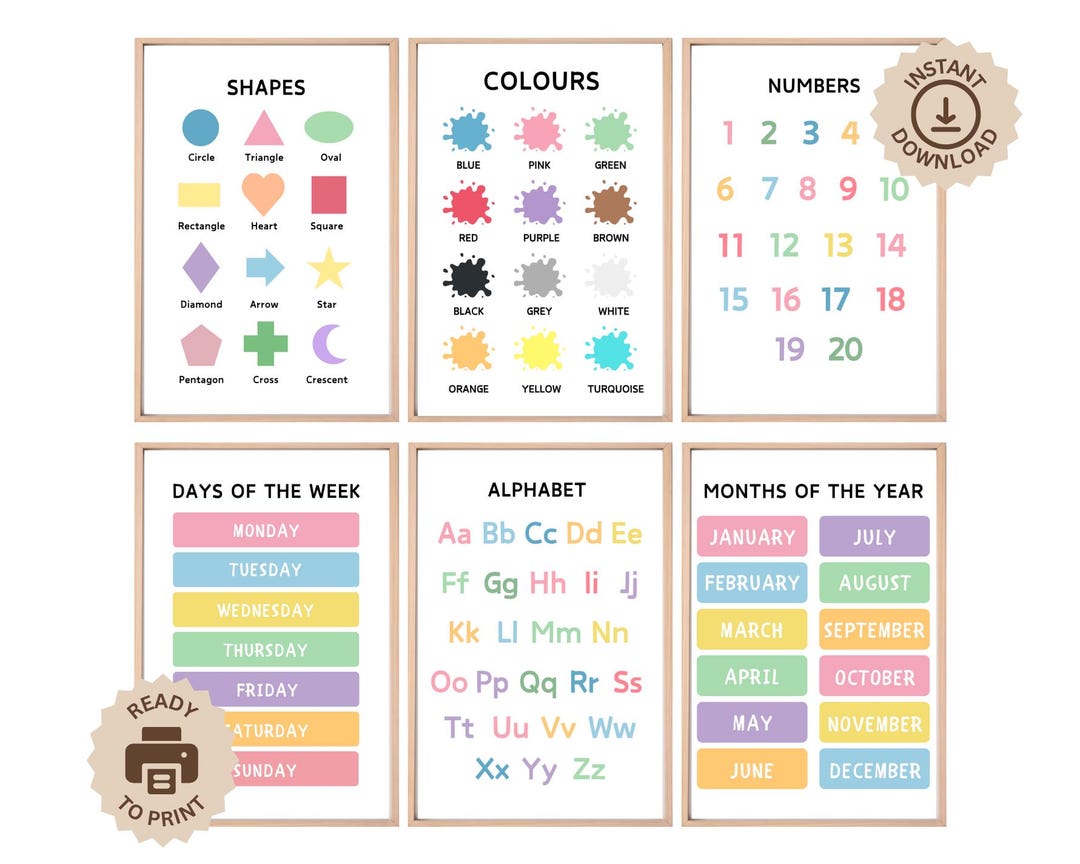 Set of 6 Educational Posters, Shapes, Numbers, Alphabet, Days of the ...