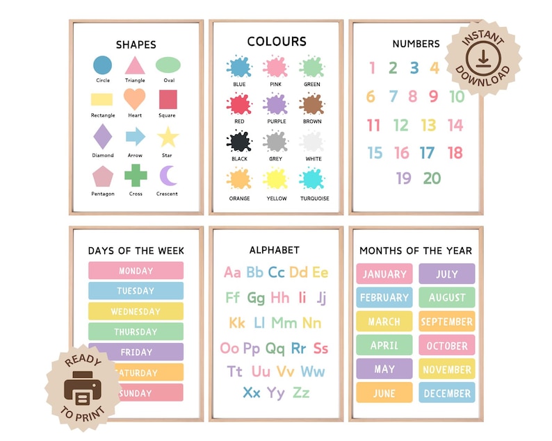 Set of 6 Educational Posters, Shapes, Numbers, Alphabet, Days of the ...